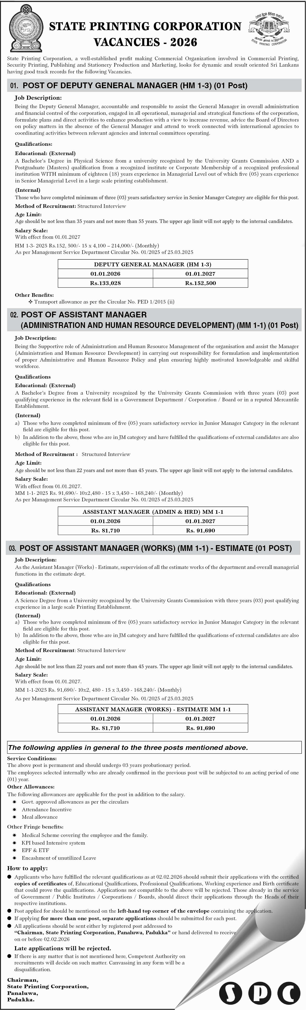 Deputy General Manger, Assistant Manager - State Printing corporation