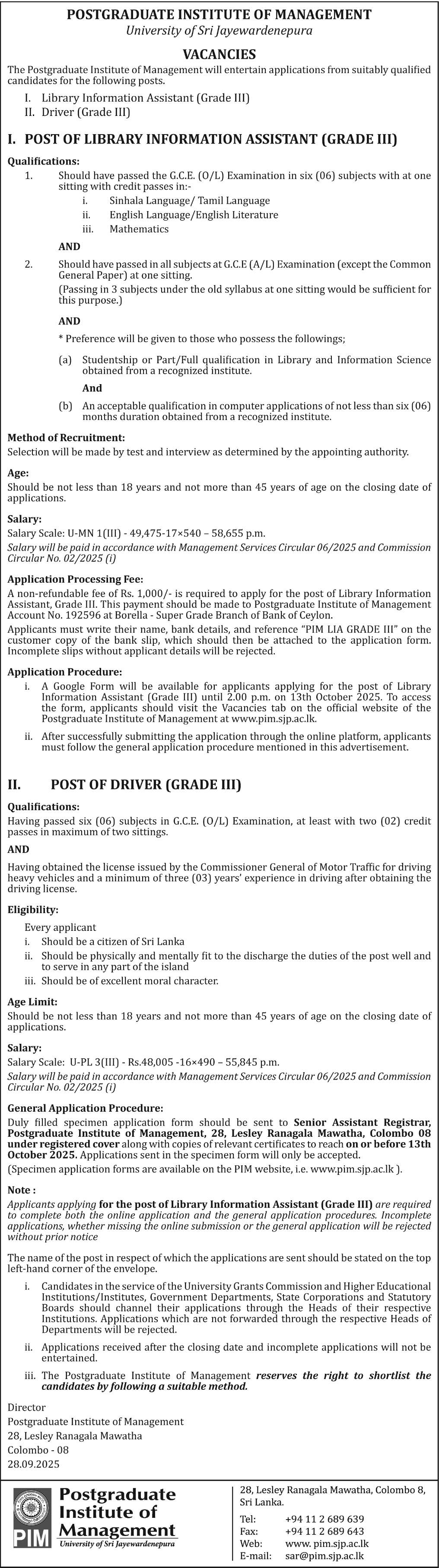 library information Assistant, Driver - Postgraduate institute of ...