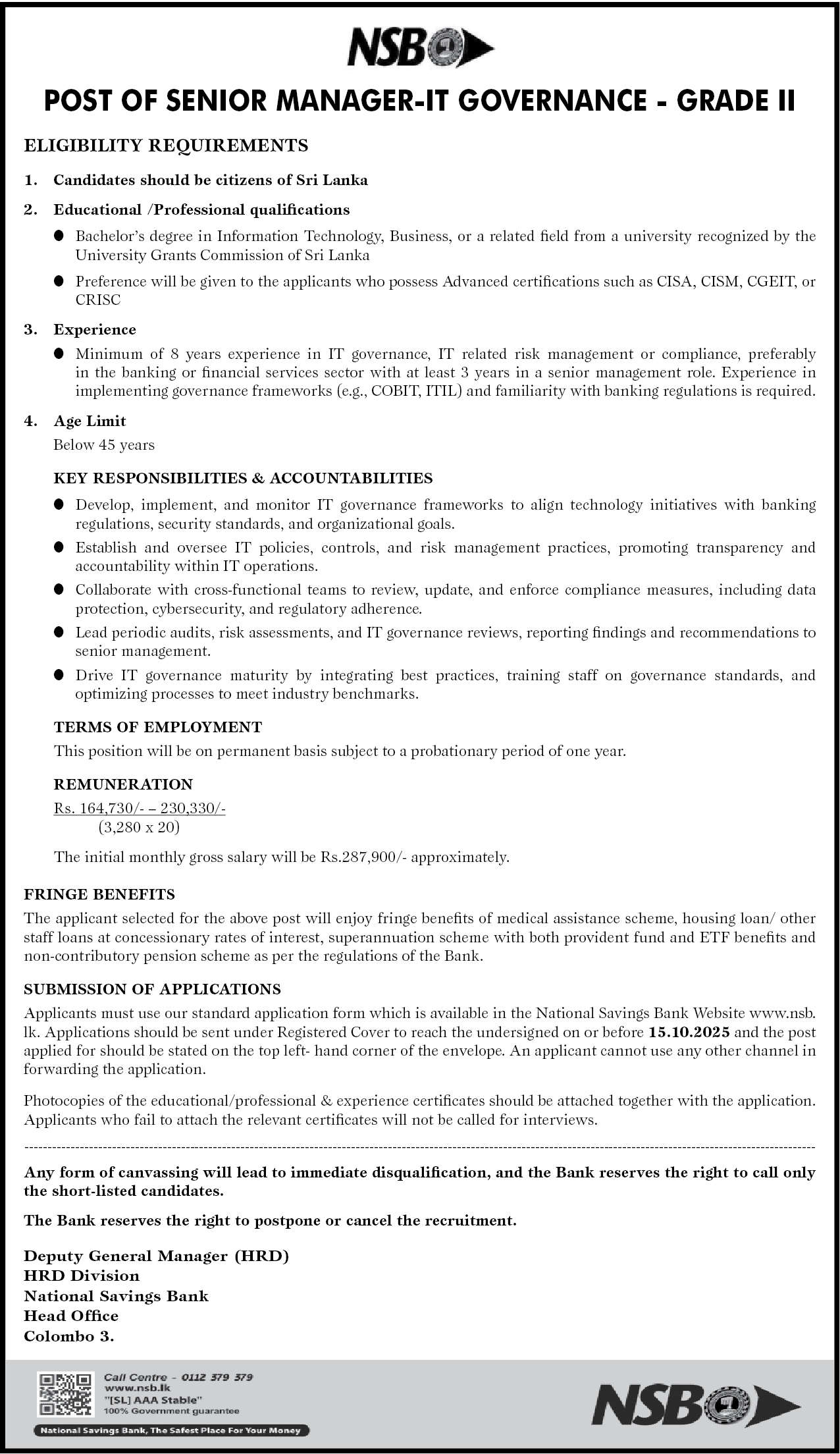 Post oF Senior Manager - IT Governance - Grade II - National Savings Bank