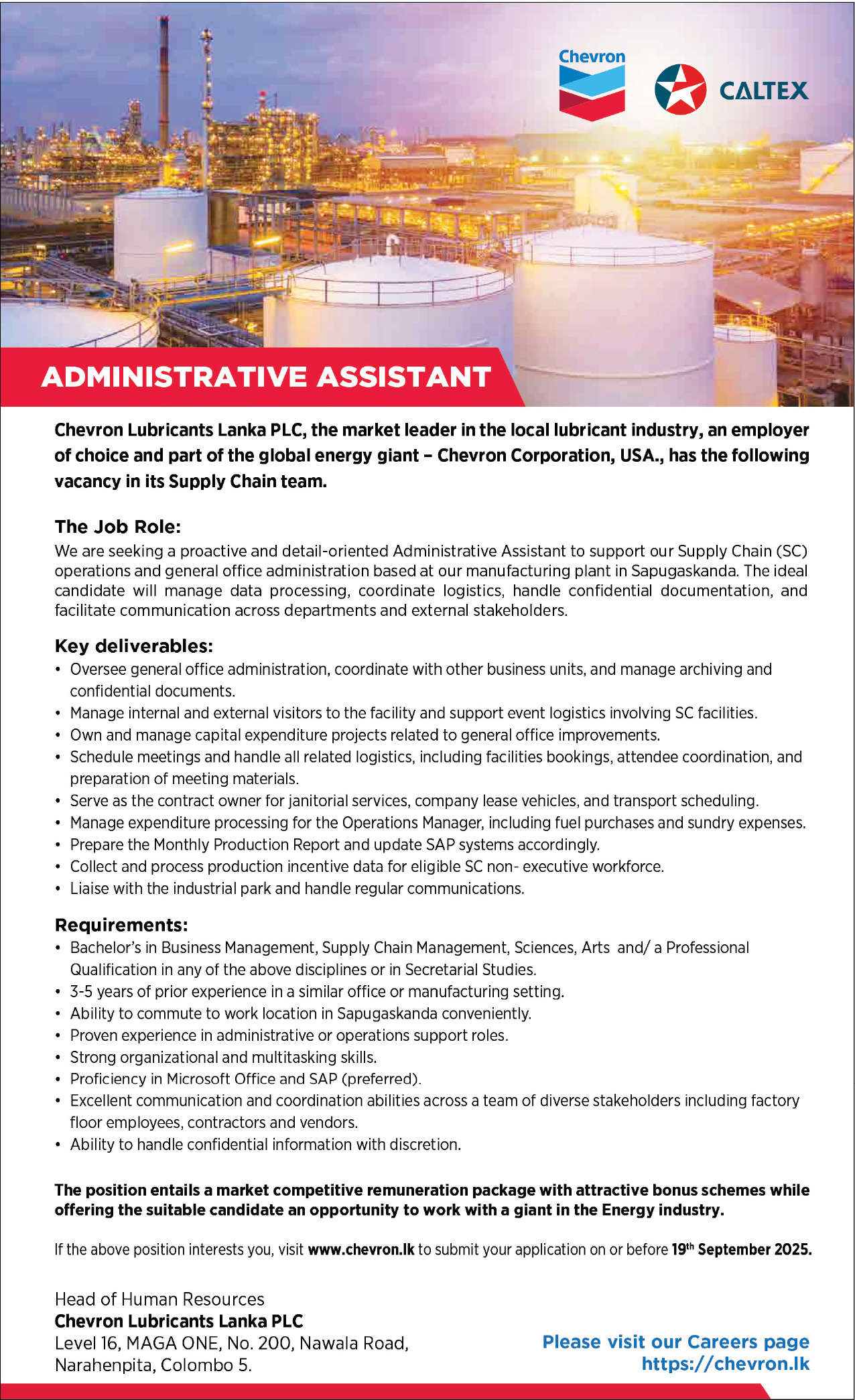 Administrative Assistant - Chevron Lubricants Lanka PLC