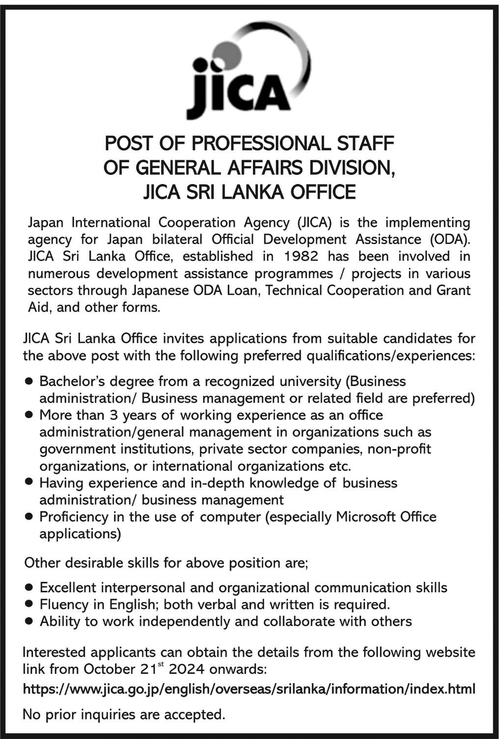 Professional Staff - Jica Sri Lanka Office