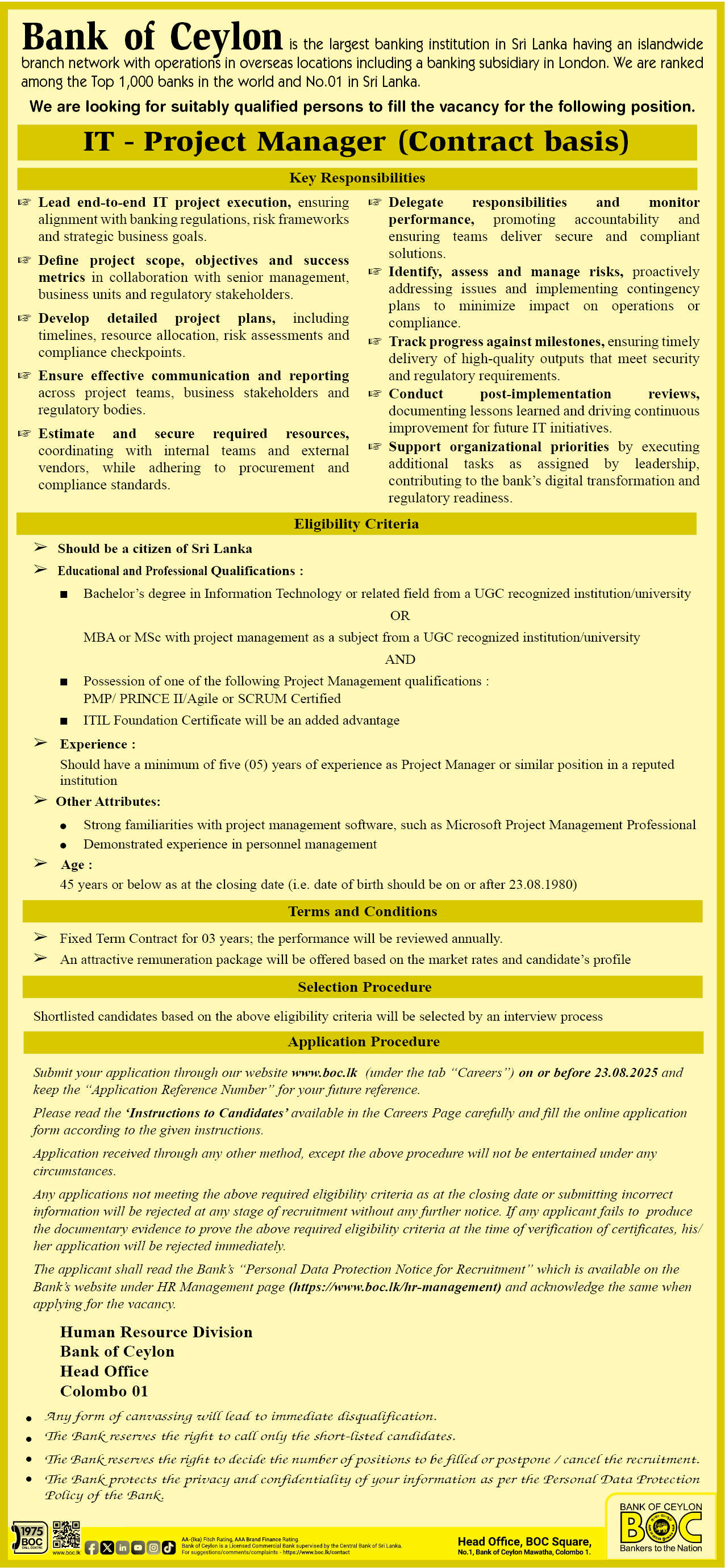 IT Project Manager - Bank Of Ceylon