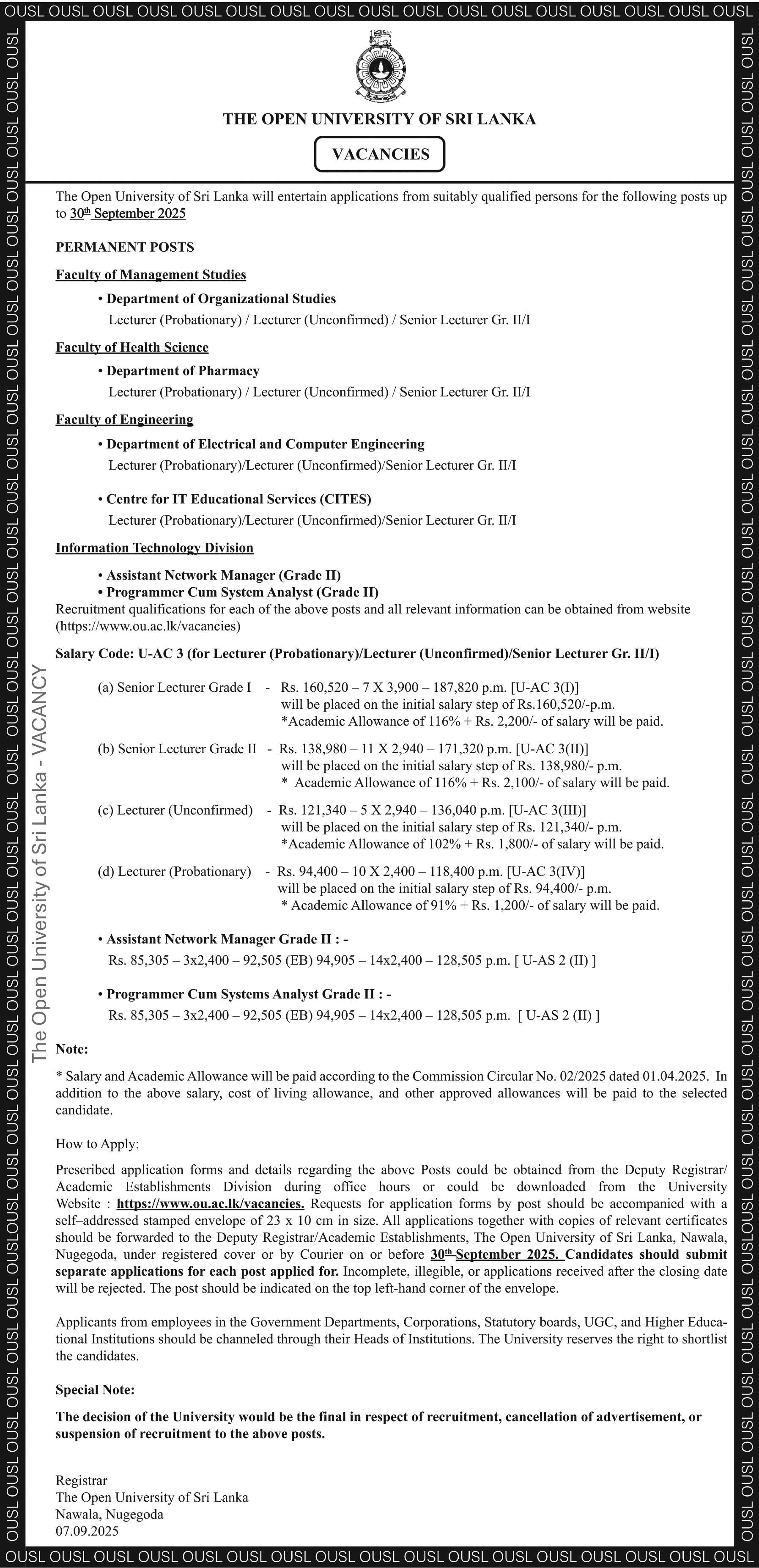 Lecturer, Senior Lecturer Grade I , Senior Lecturer Grade II, Assistant ...