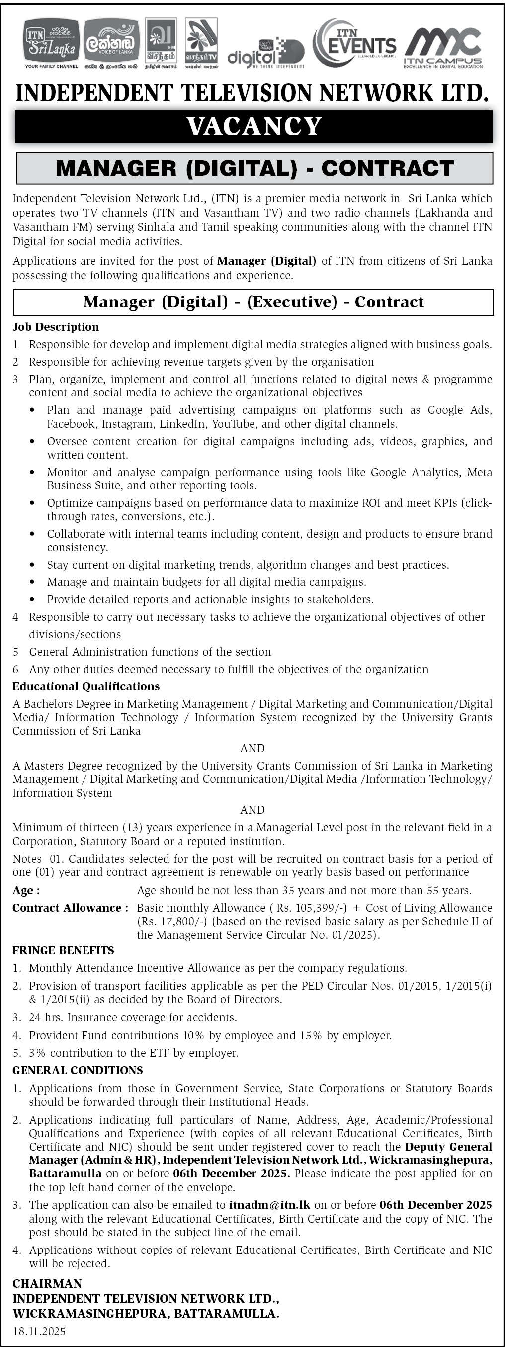 Manager - Digital - Contract - Independent Television Network LTD