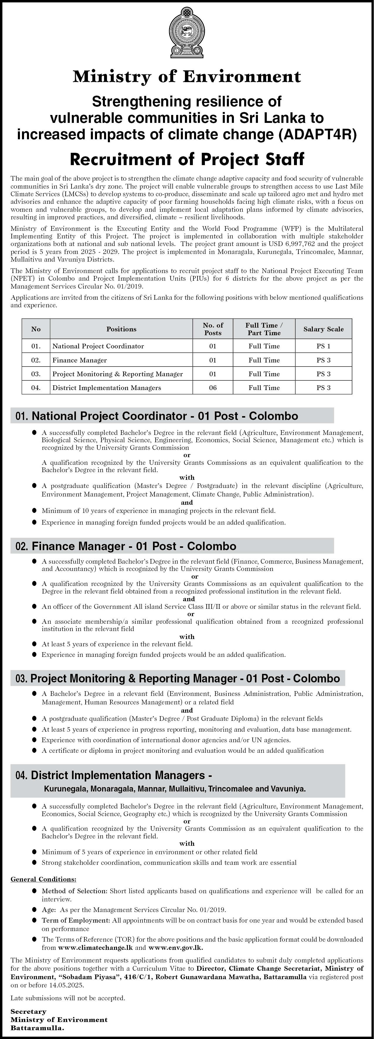 National Project Coordinator, Finance Manager, Project Monitoring and ...