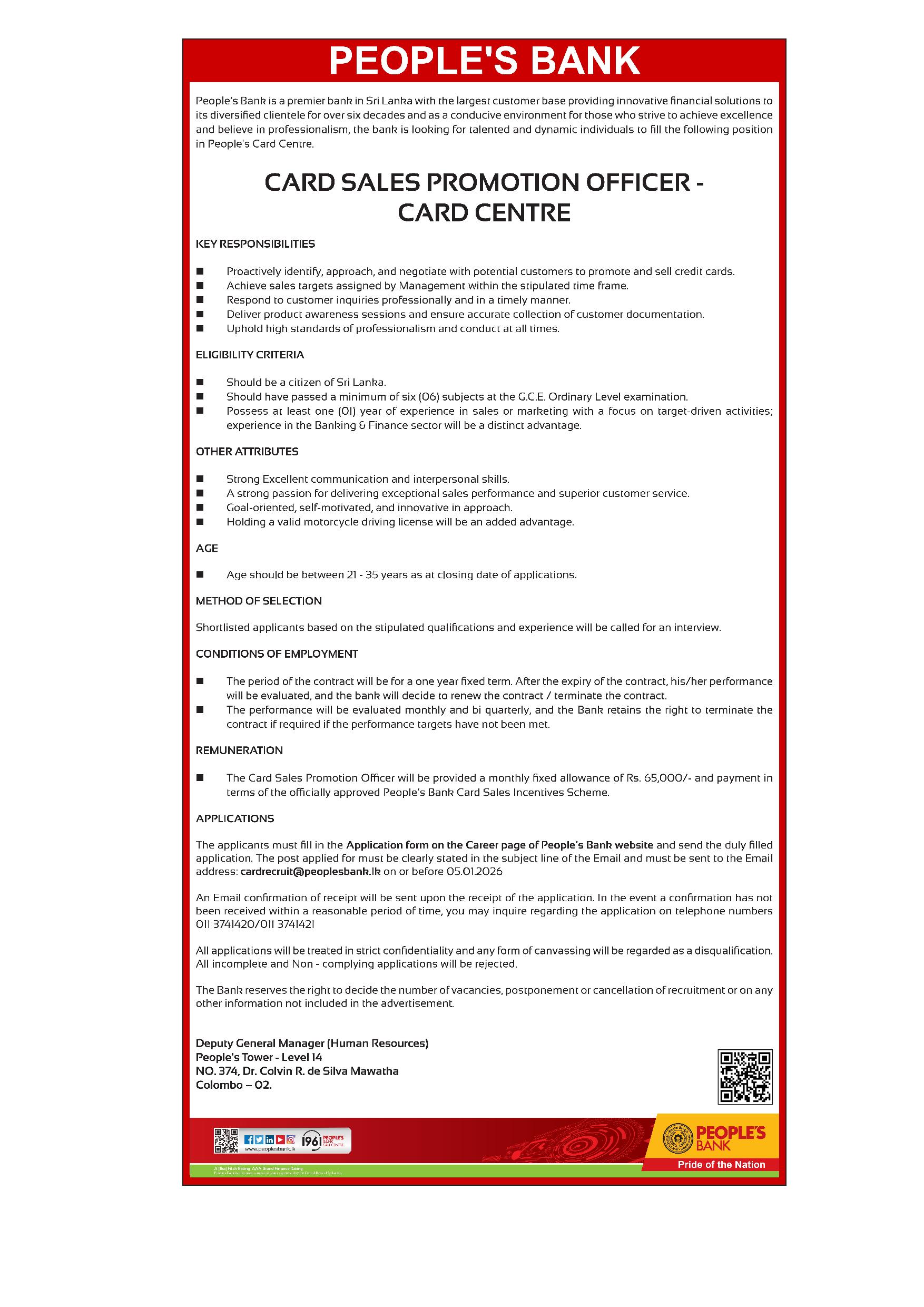 Card Sales Promotion Officer - Card Center - Peopes Bank