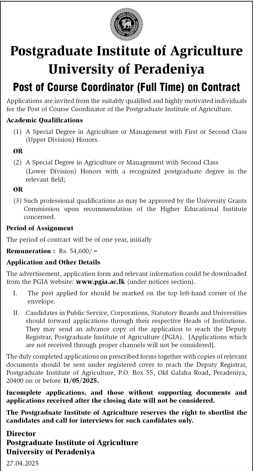 Course Coordinator - University Of Peradeniya