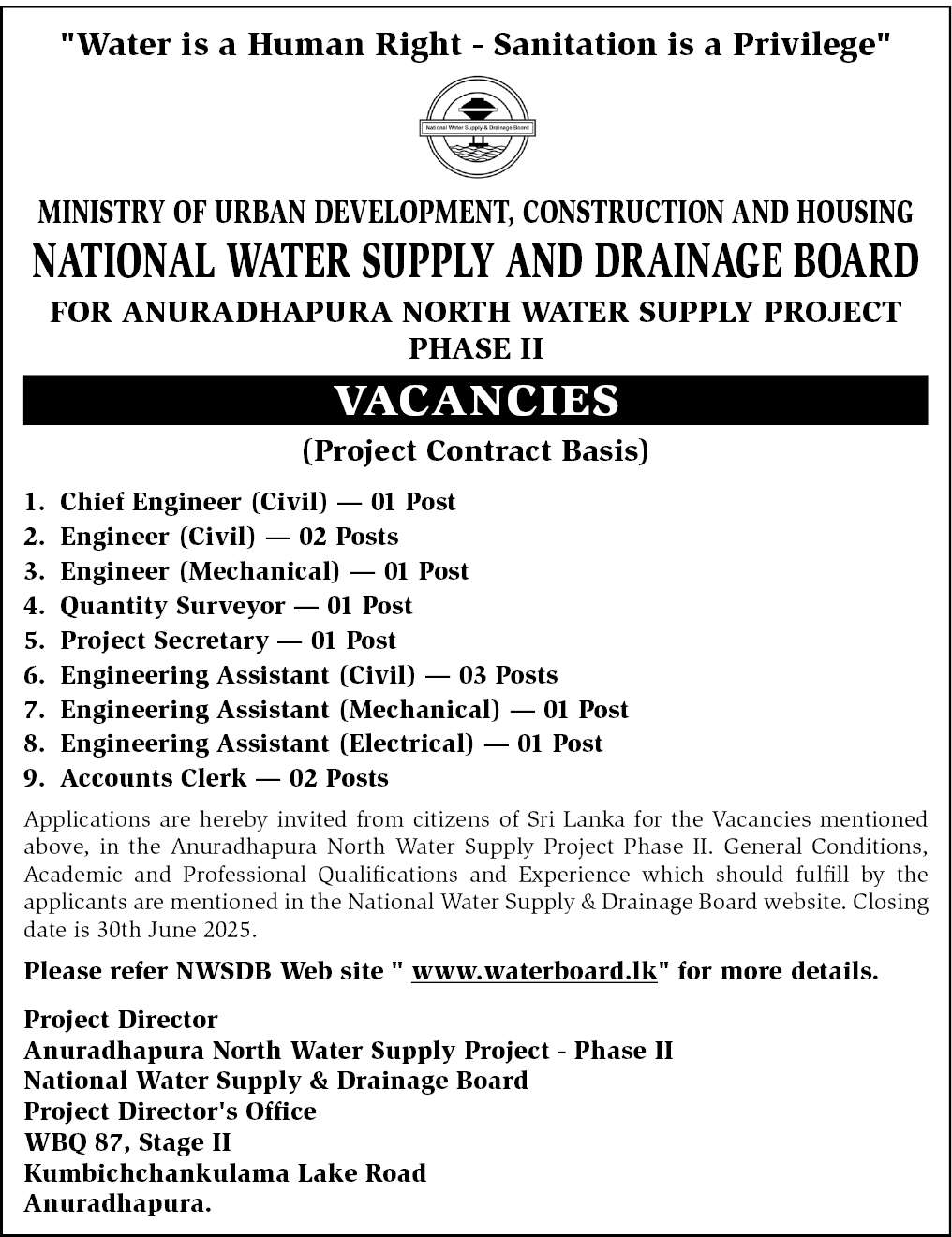 Chief Engineer, Engineer, Quality Surveyor, Project Secretary, Engineering Assistant, Accountant ...