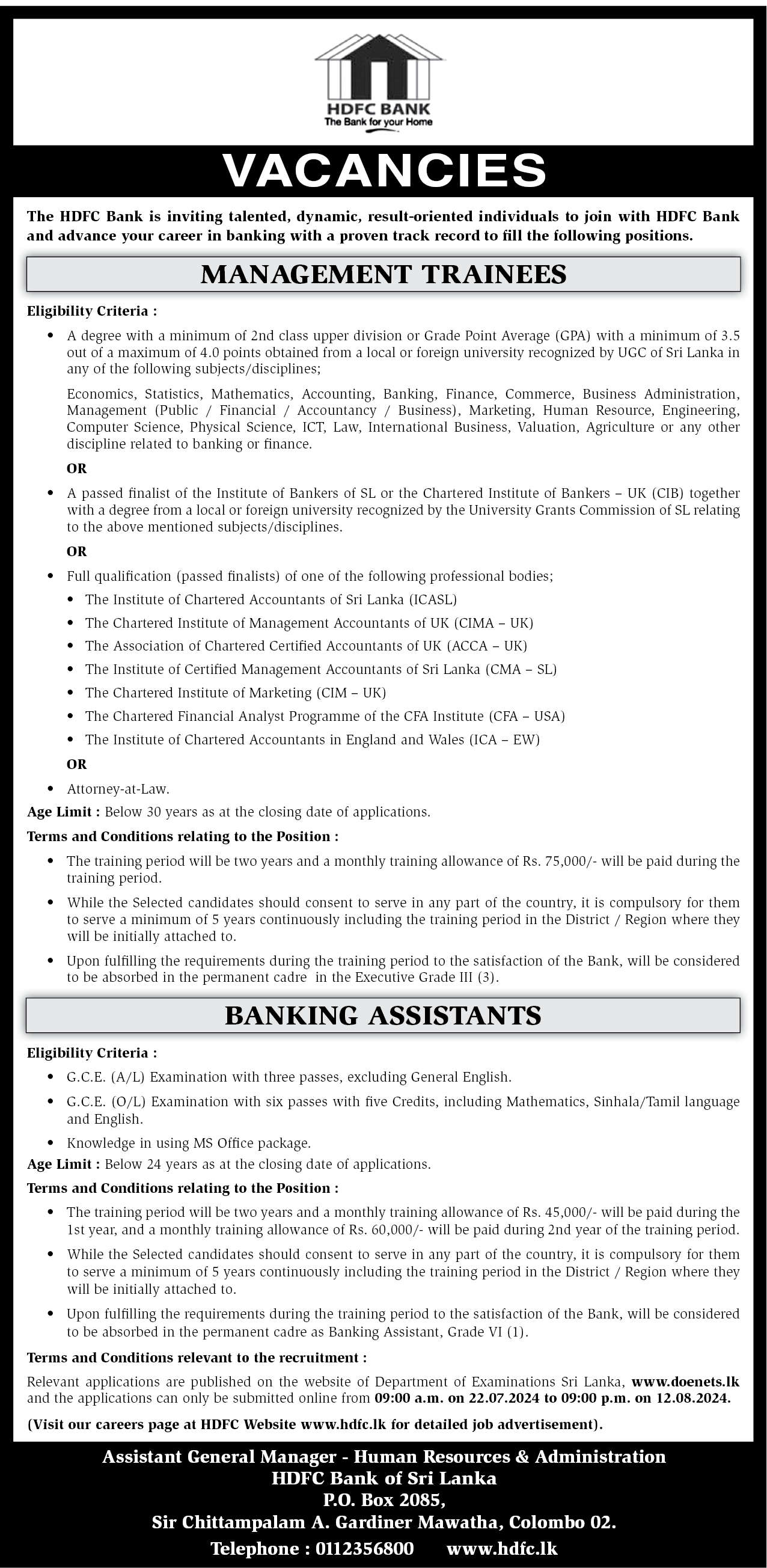 Management Trainees, Banking Assistants - HDFC Bank