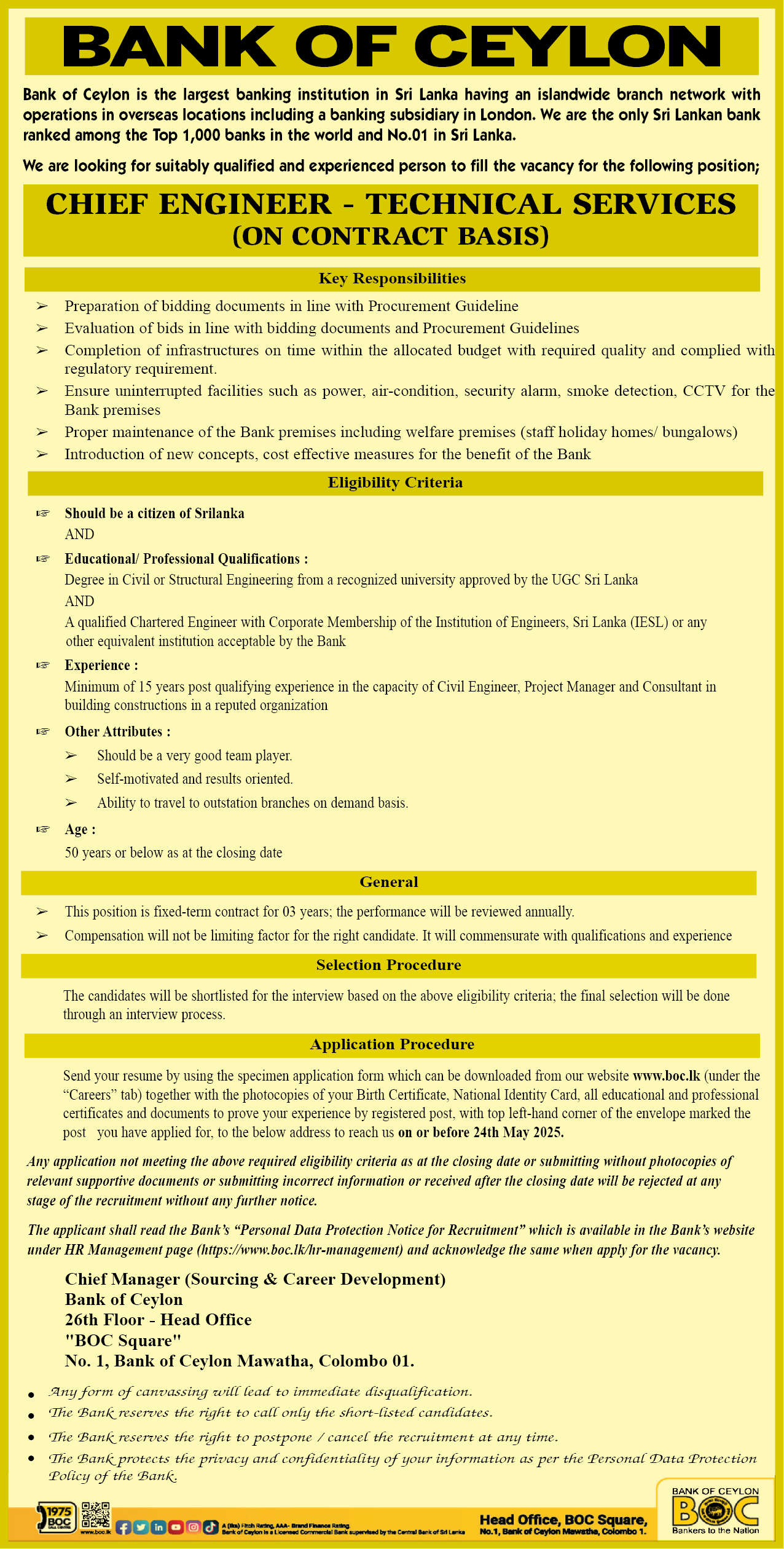 Chief Engineer - Technical Service - Bank of ceylon