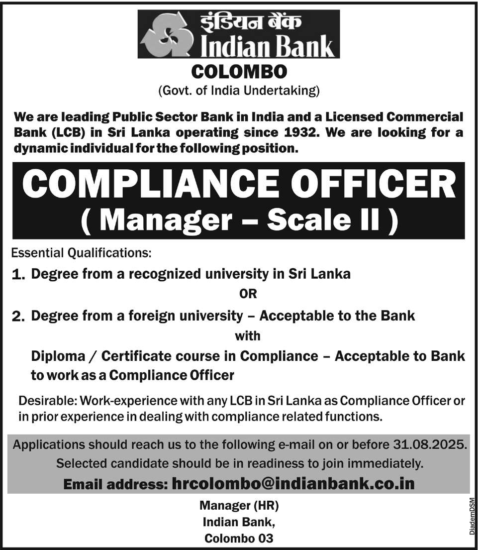 Compliance Officer - Indian Bank Colombo